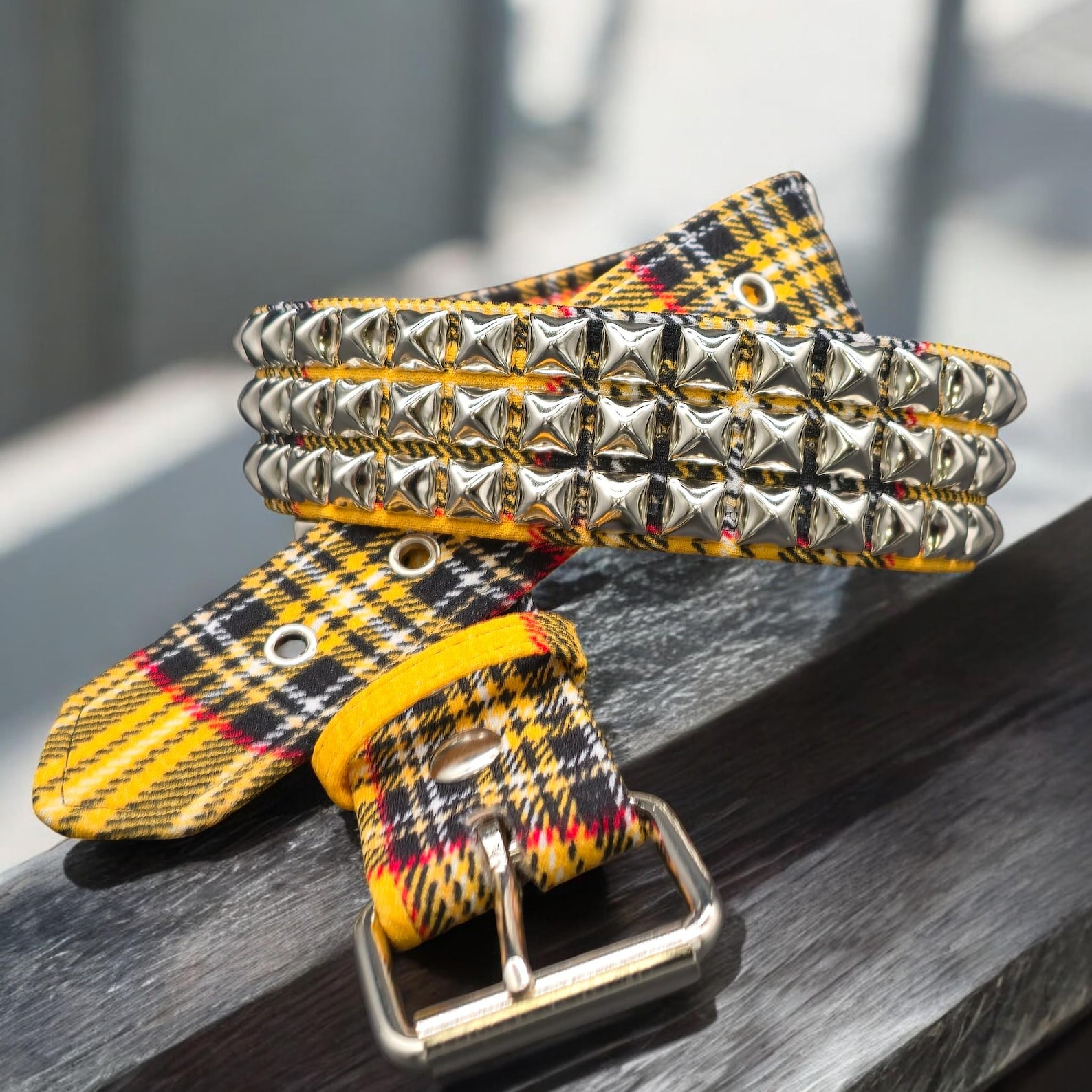 Yellow British Punk Plaid Pyramid Studded Belt: Punk Rock Roller Buckle ...