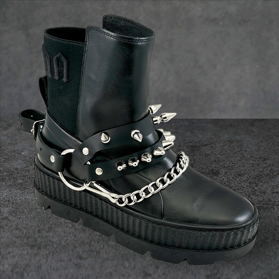 Double Strap UK77 Stud & 1" Spike Leather Bootstrap Boot Harness Ring ...