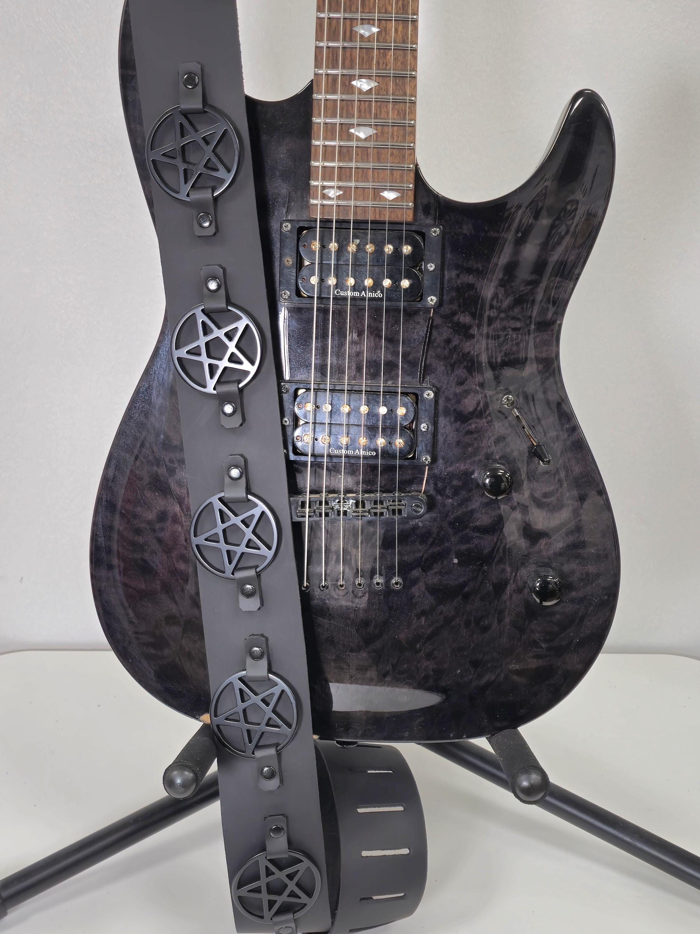 Black Devils Pentagram Guitar Strap Genuine Cowhide Leather English ...