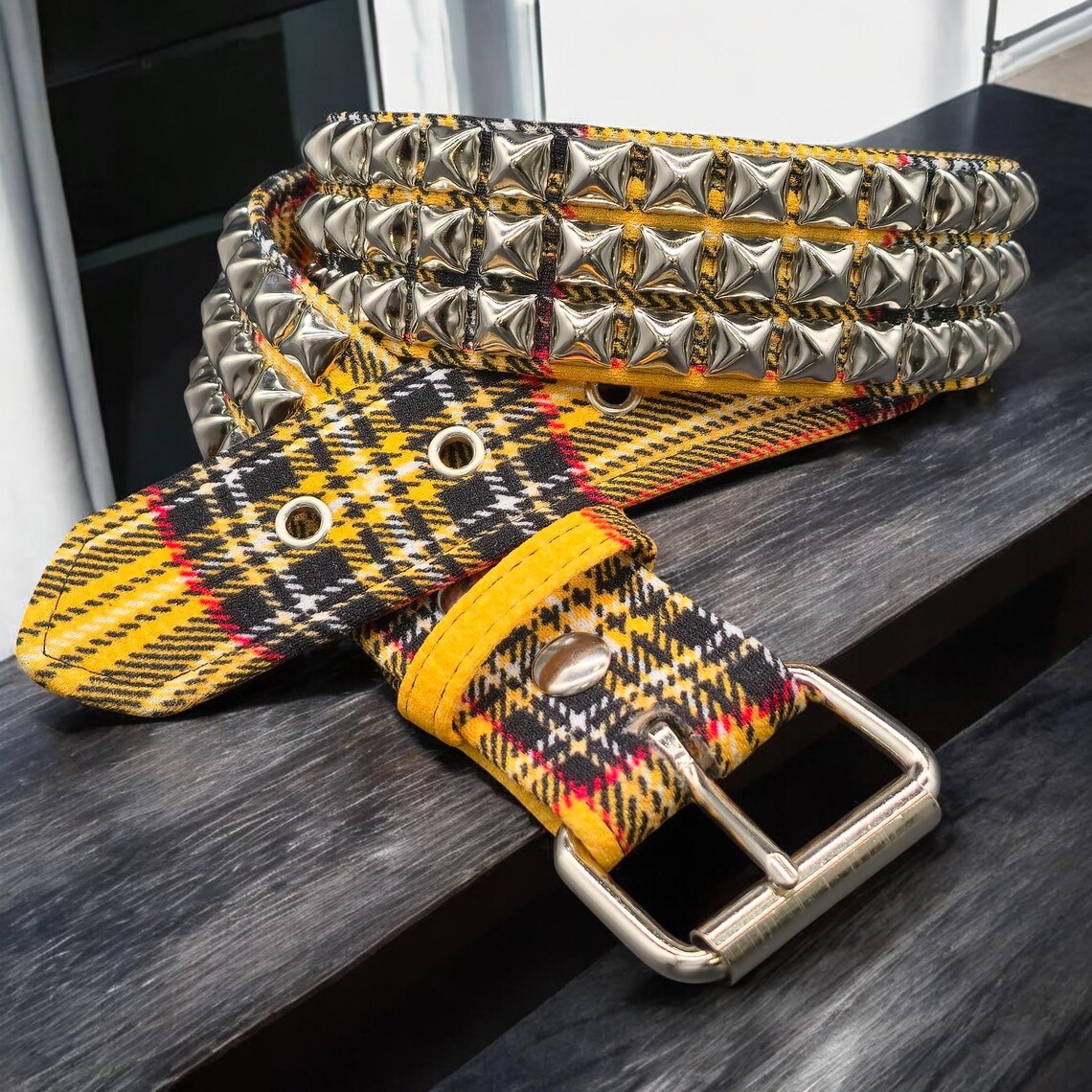 Yellow British Punk Plaid Pyramid Studded Belt: Punk Rock Roller Buckle ...