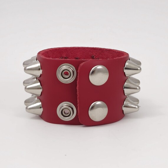Cone Studded Italian Leather Bracelet Cuff - Handmade… - Gem