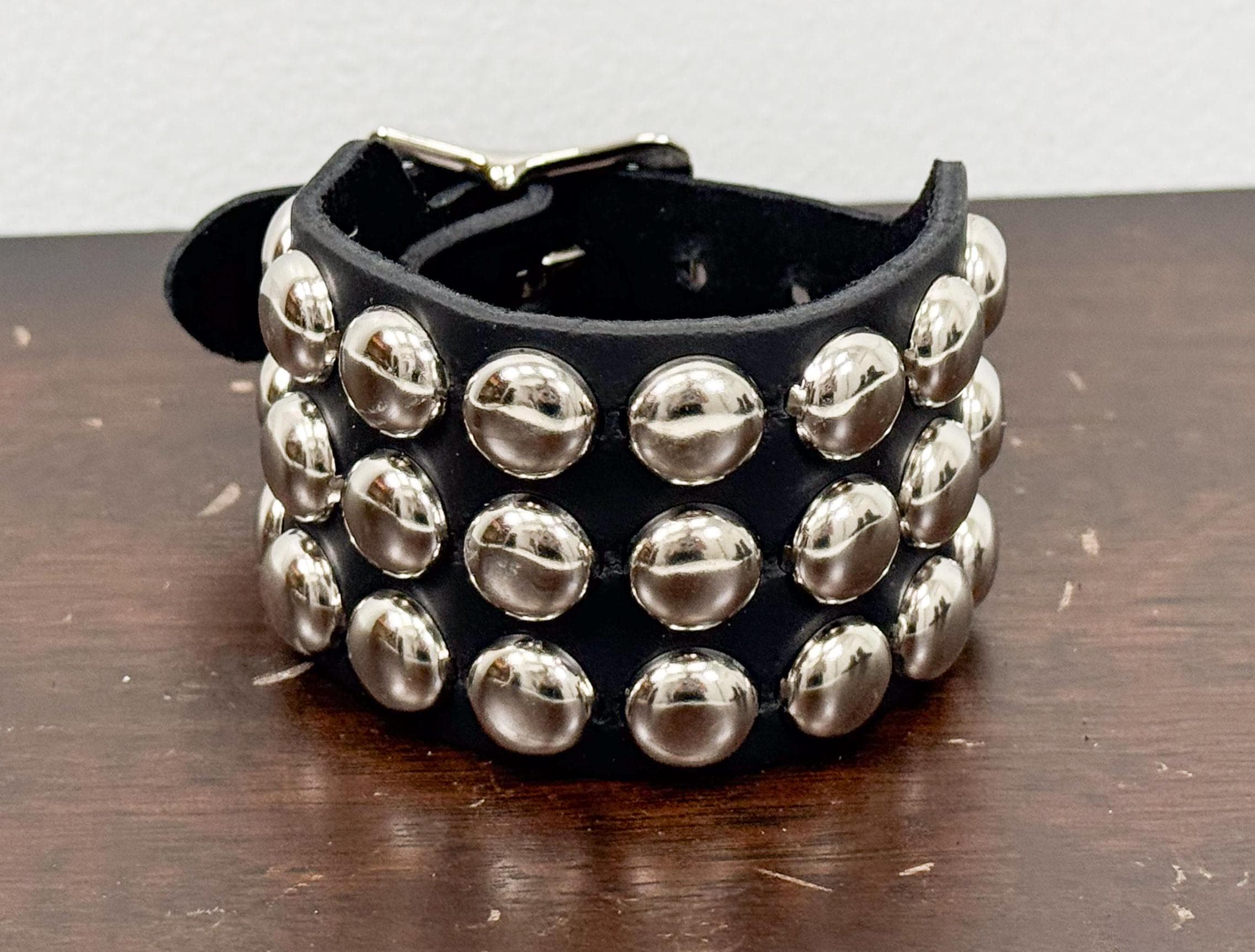 Punk Studded Genuine Lather Buckle Bracelet Large Round Steel Stud Goth ...
