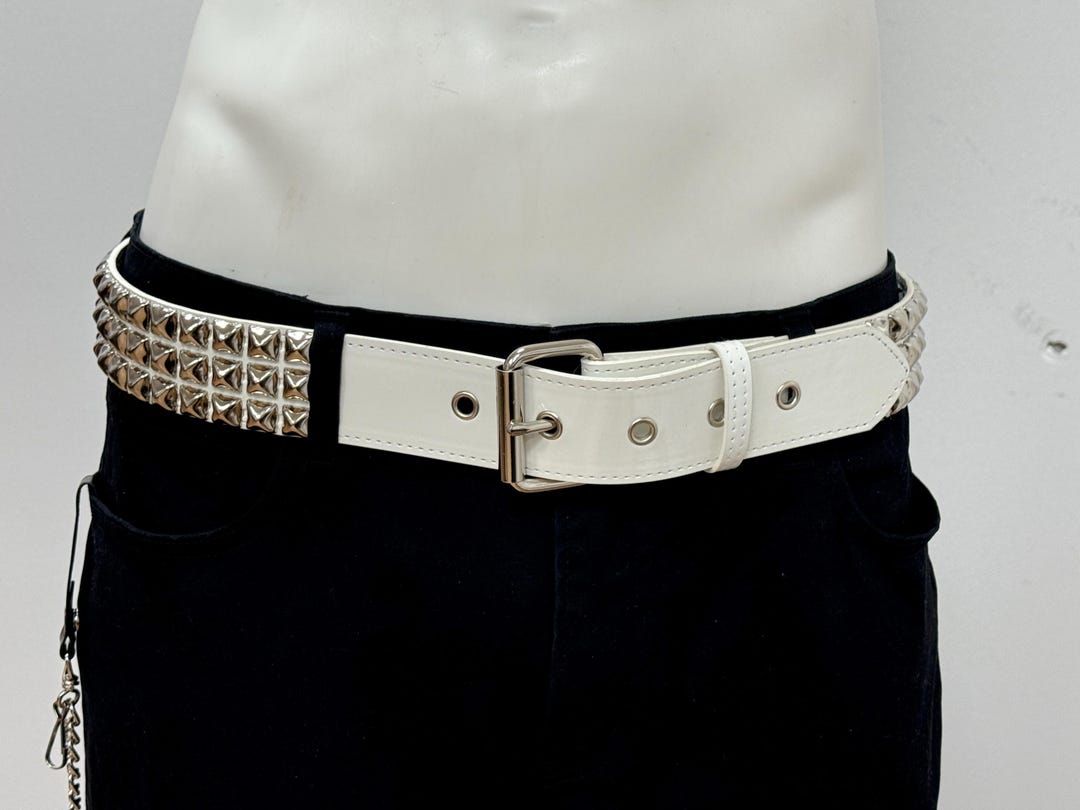 Glossy White Three Row Pyramid Studded Belt Vegan Leather Carpenters ...