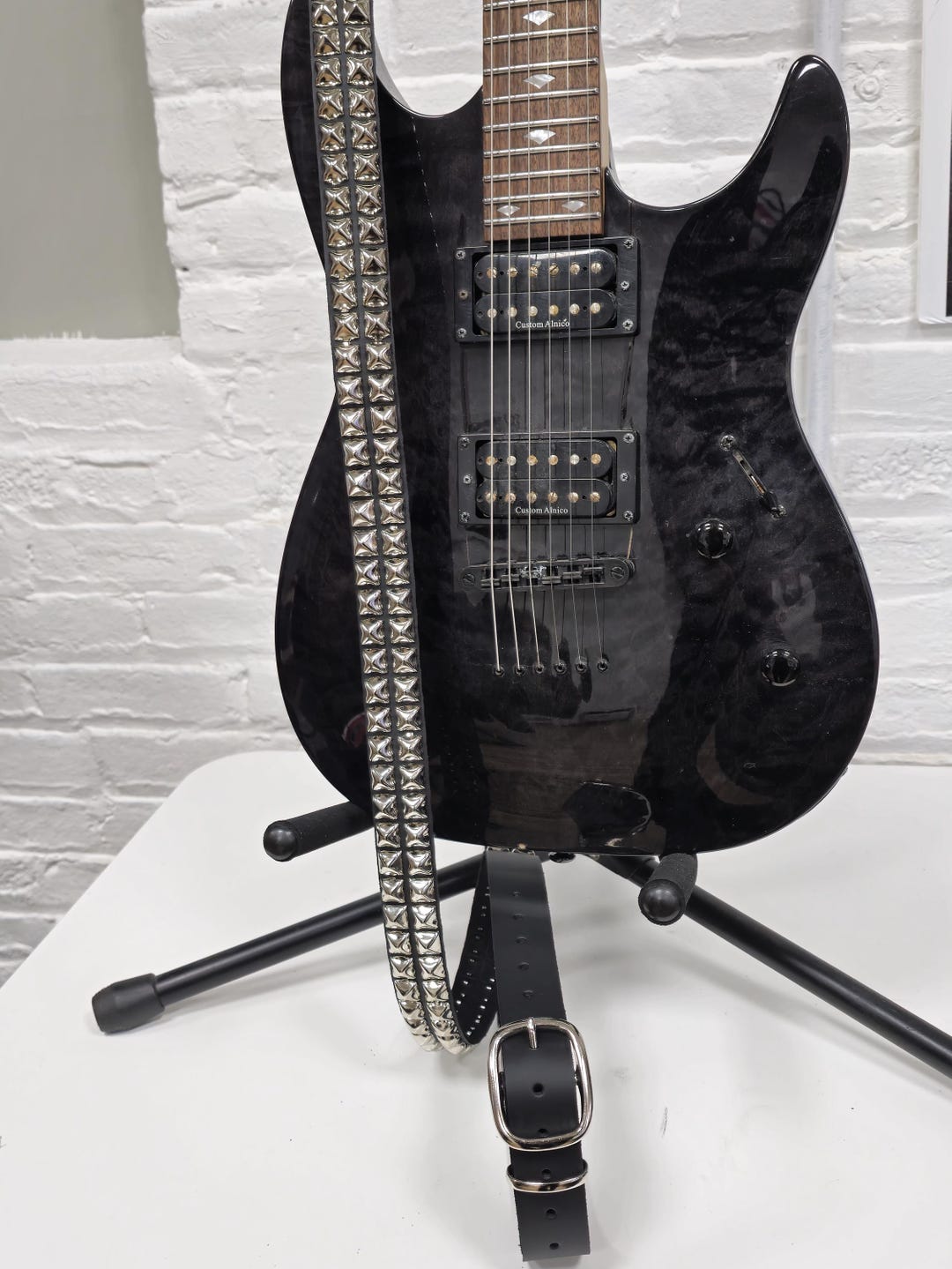 Double Row Studded Buckle Guitar Strap Genuine Cowhide Leather English ...