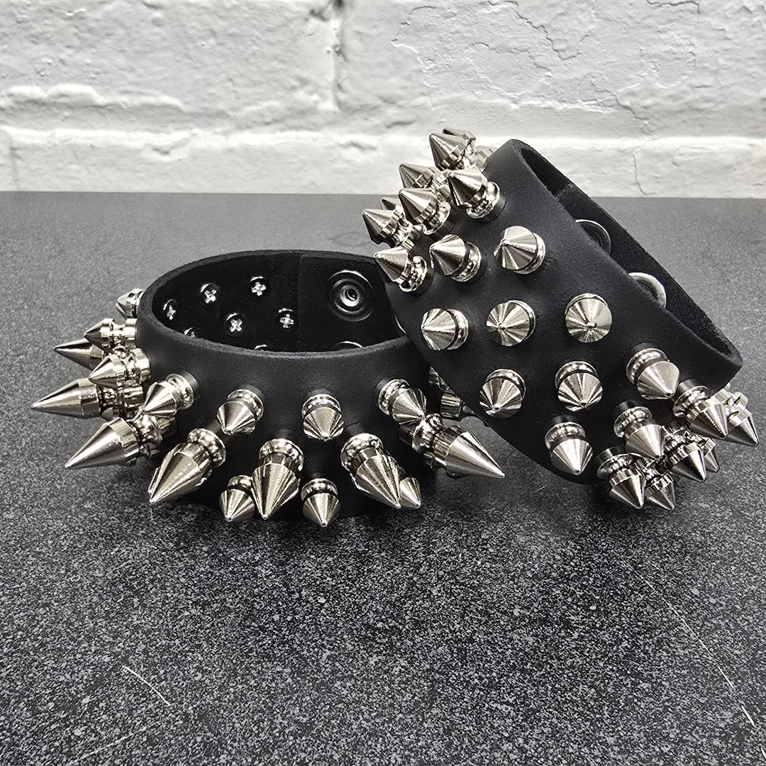 Three Row Spike Heavy Duy Cowhide Leather Spike Cuff Buckle Punk Rock ...