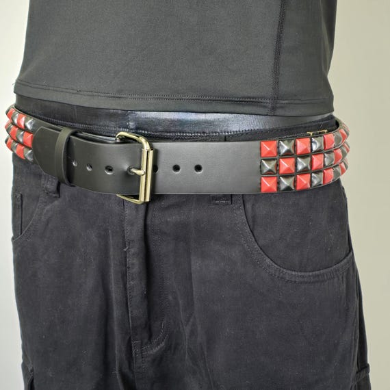 Red & Black Checkered Pyramid Studded Leather Belt: U… - Gem