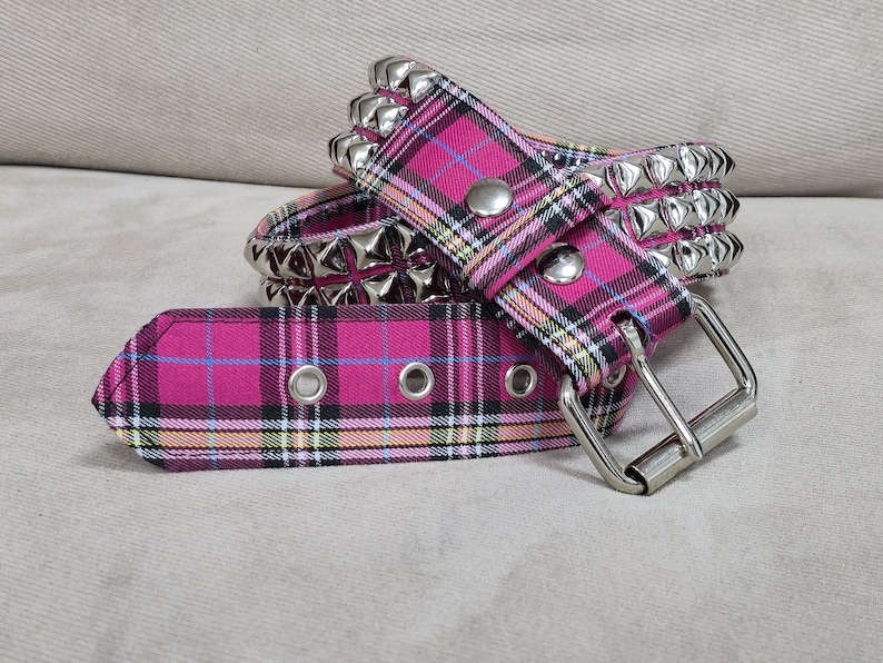 Pink British Punk Plaid Pyramid Studded Belt: Punk Rock Roller Buckle ...