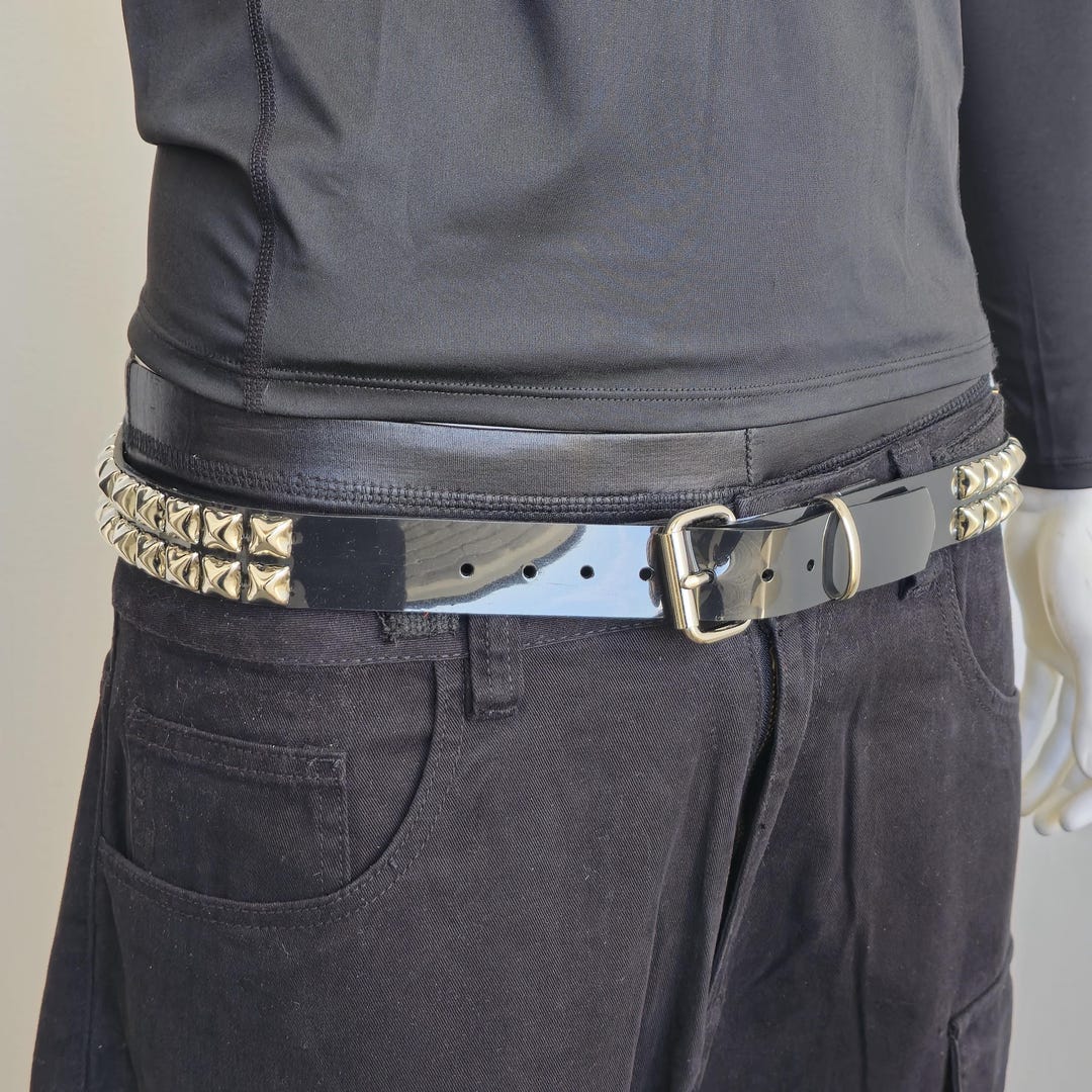 Two Row Pyramid Studded Vinyl PVC Punk Rock Shiny Heavy Duty PVC Belt ...