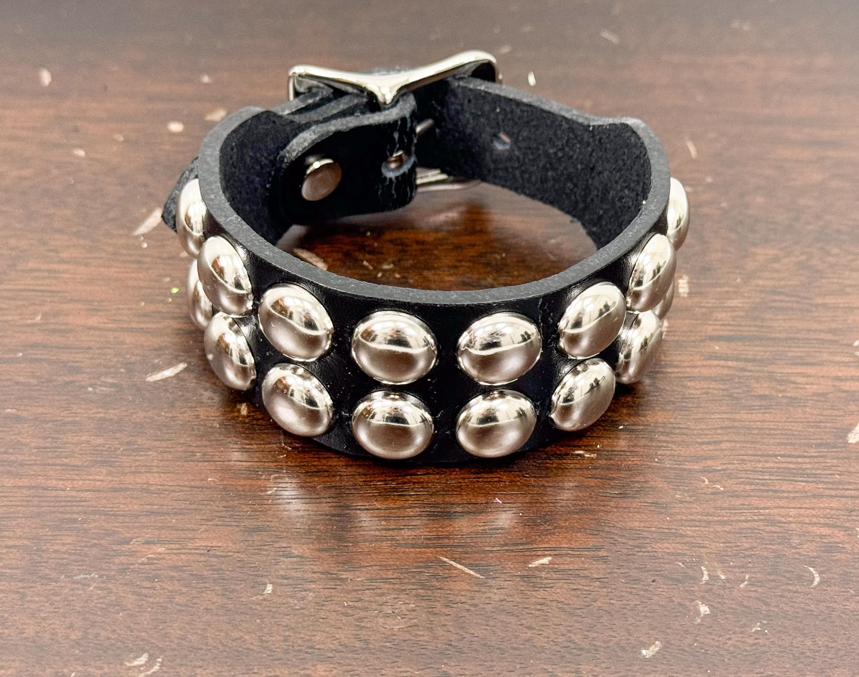 Punk Studded Genuine Lather Buckle Bracelet Large Round Steel Stud Goth ...