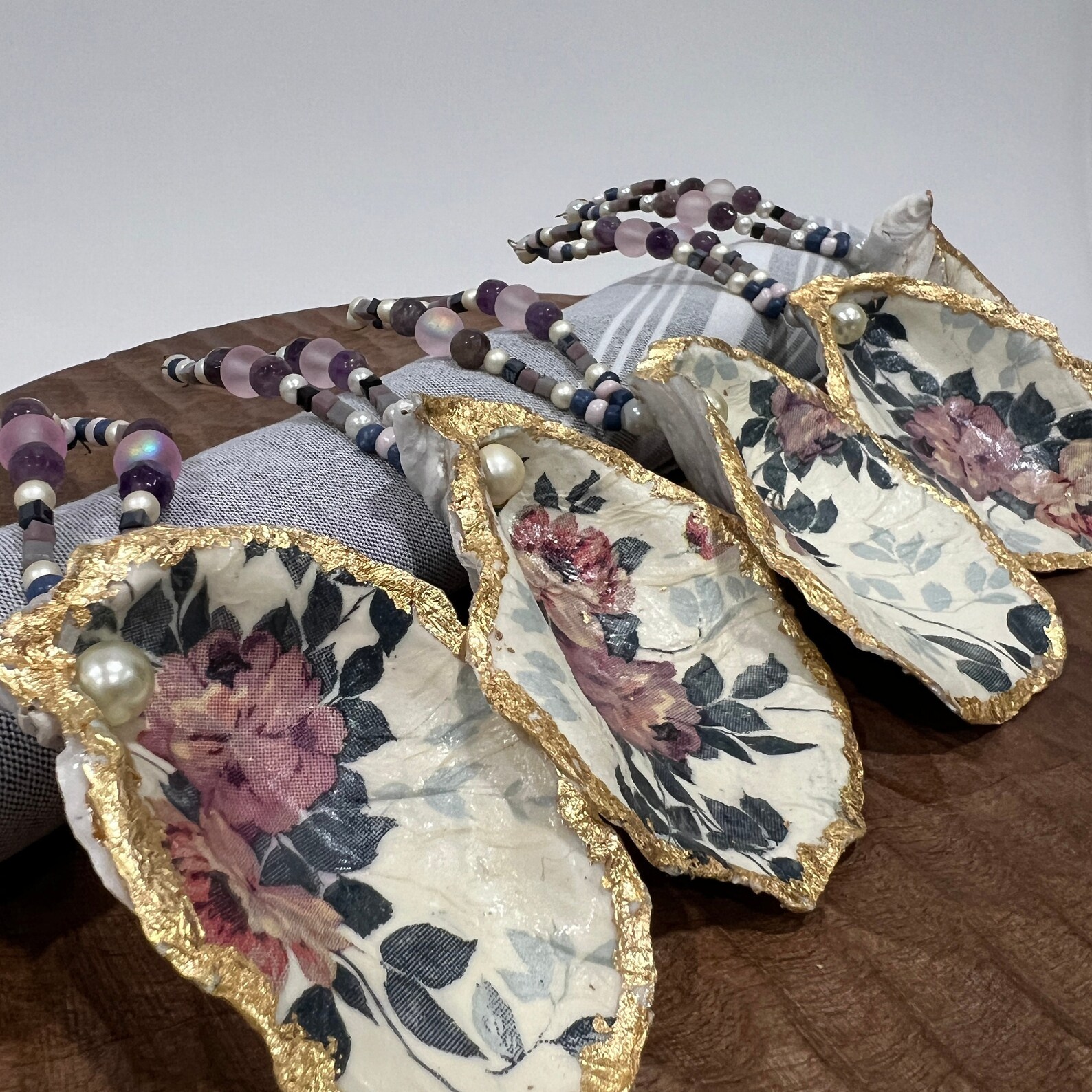 Lavender Floral Oyster Shell Napkin Ring | Beaded Shells | Coastal ...