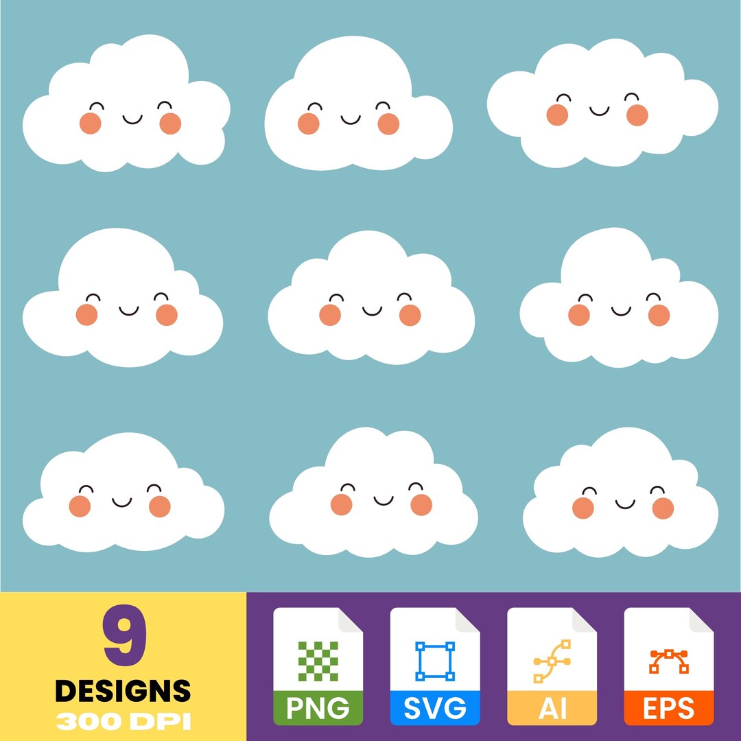 Smiling Cloud Clipart Set – Cute Blue Sky Clouds SVG, PNG, Eps, Ai for ...