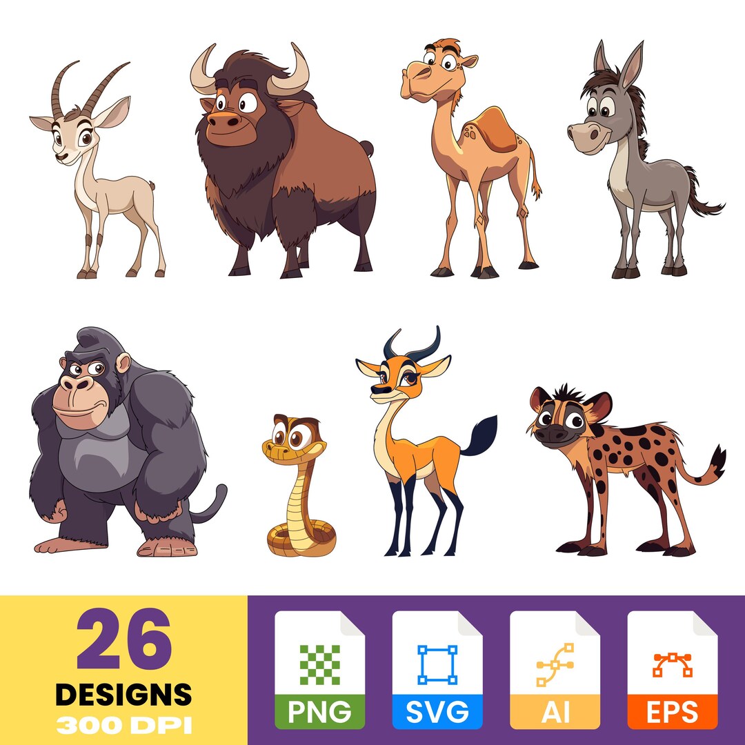 Wild Animals Clipart Bundle in Cartoon Style – Safari Jungle Zoo ...