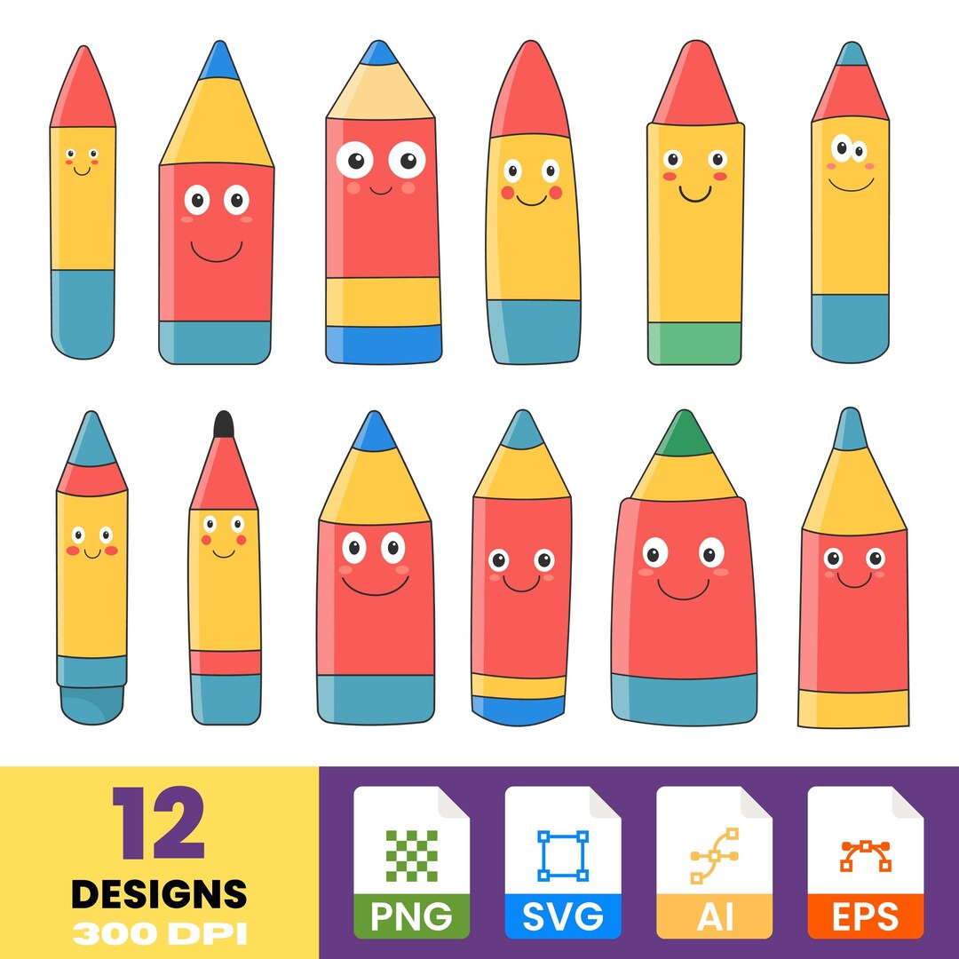 Cute Cartoon Crayon Clipart | Hand-drawn Crayon Doodles | Fun Kids ...