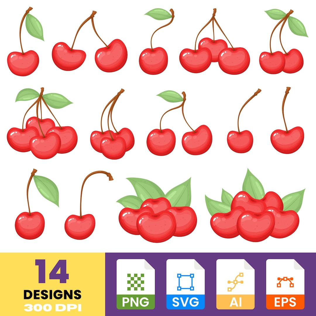 Cherry Fruit Clipart | Cute Cherry Stickers | Hand-drawn Fruit Art ...