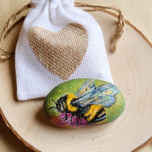 Hand Painted Bee on Pebble Rock With Gift Bag, Original Rock Art ...