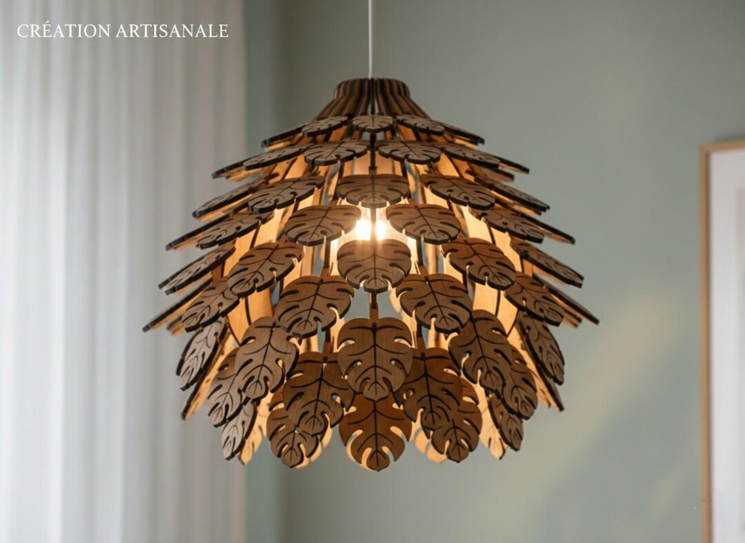 Wooden Pendant Light - Monstera Leaf Lampshade - Handcrafted Light ...