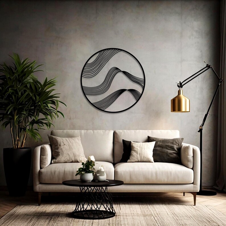 Round Line Art Metal Wall Art, Abstract Wave Wall Decor, Minimal ...