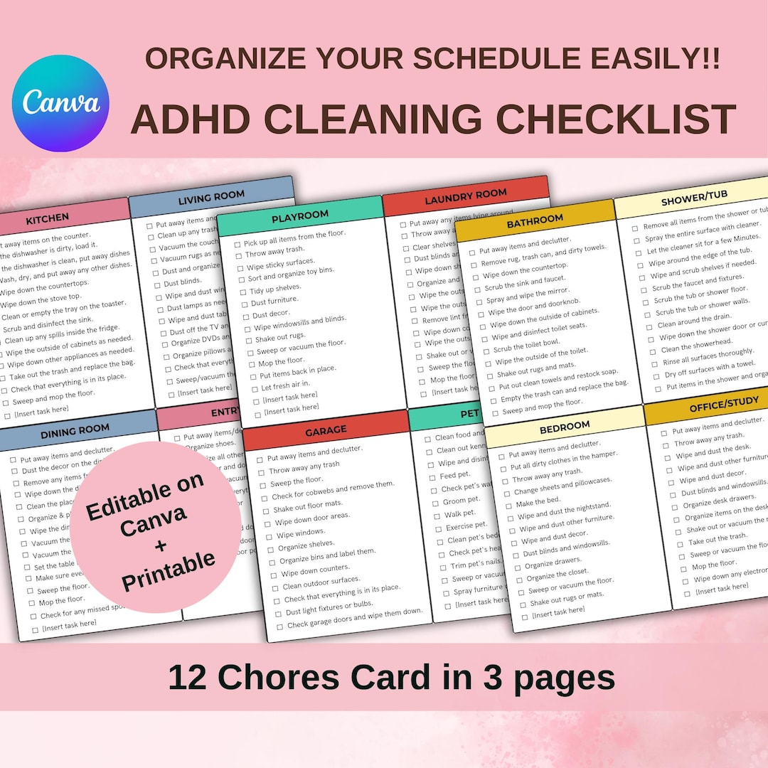 ADHD Cleaning Checklist Cards Printable ADHD Cleaning Schedule Bundle ...