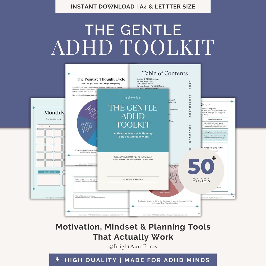 ADHD Planner Printable Mental Health Workbook, Gentle Toolkit for Late ...