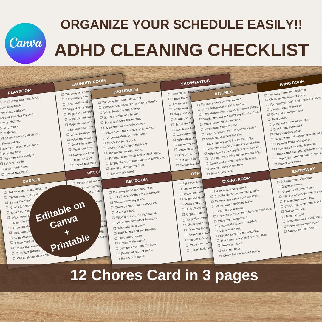 ADHD Cleaning Checklist Cards Printable ADHD Cleaning Schedule Bundle ...