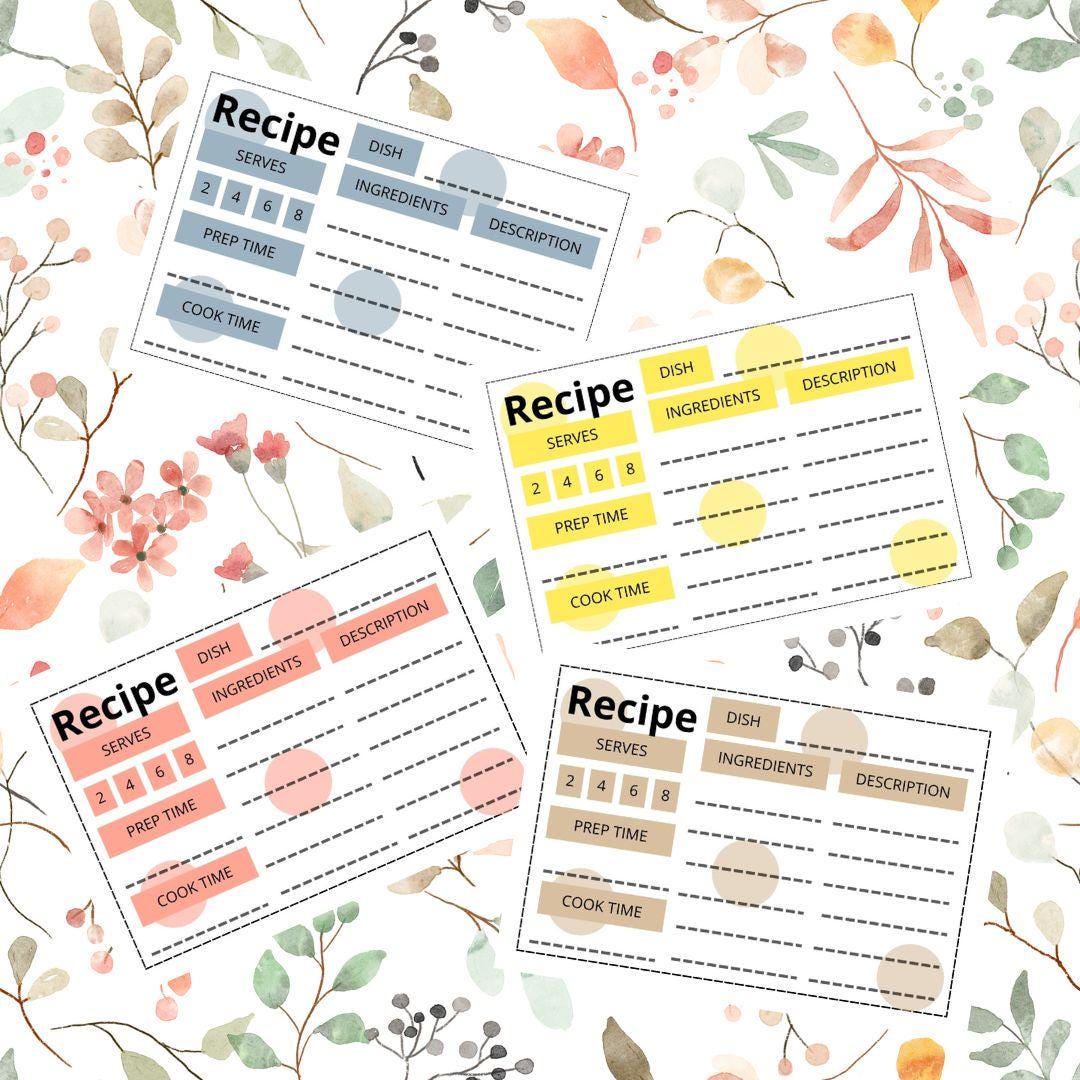 Dotted Recipe Cards in 4 Different Colors Blue Grey, Apricot Pink ...