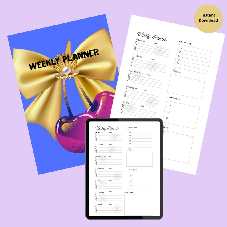 Floral Weekly Planner With Cherry and Golden Bow Cover Page: Printable ...