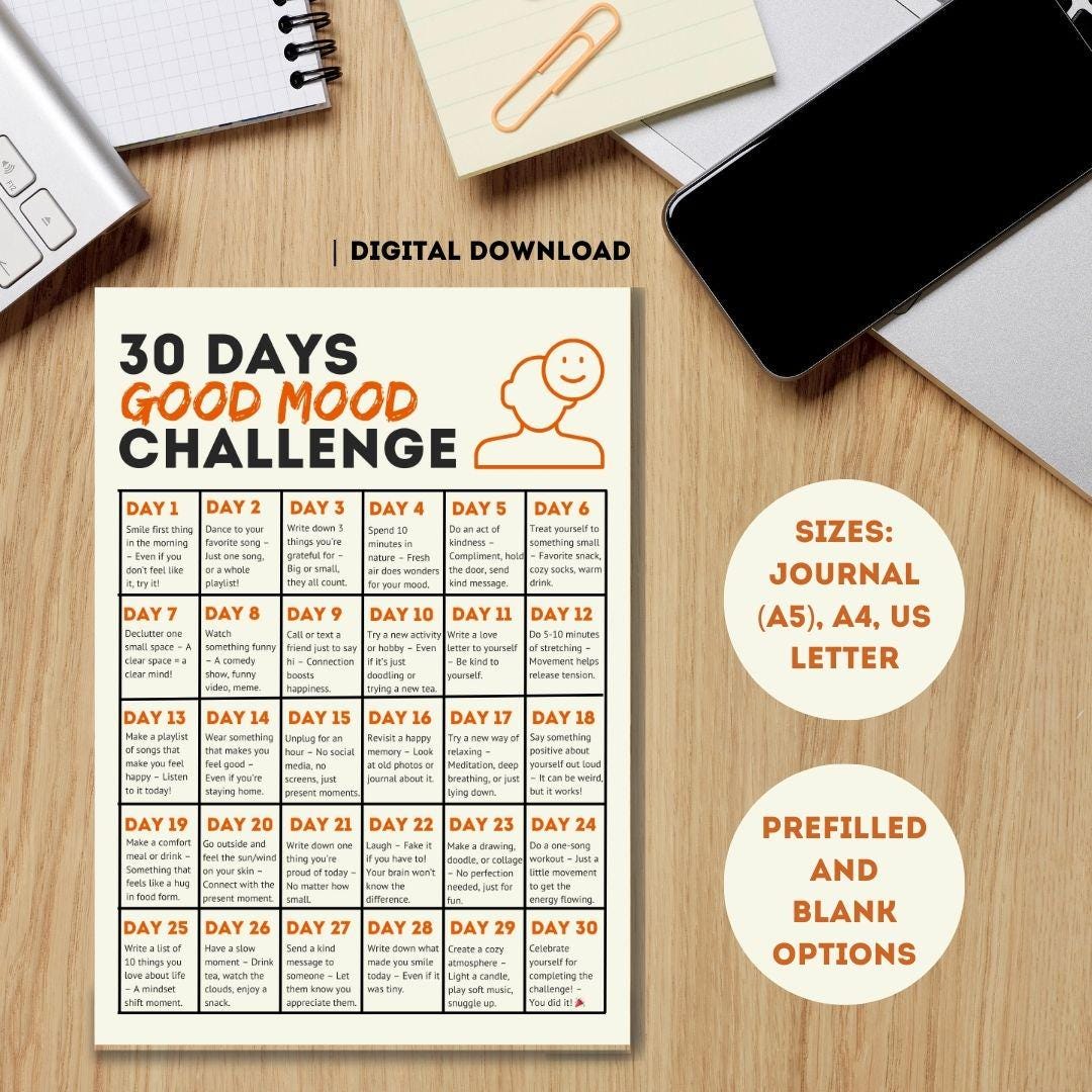 30-day Good Mood Challenge Printable | Daily Happiness Prompts | Self ...