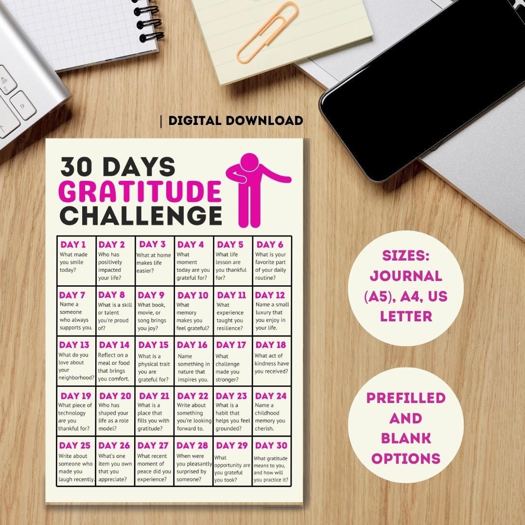30-day Gratitude Challenge Printable | Daily Prompts for Mindfulness ...