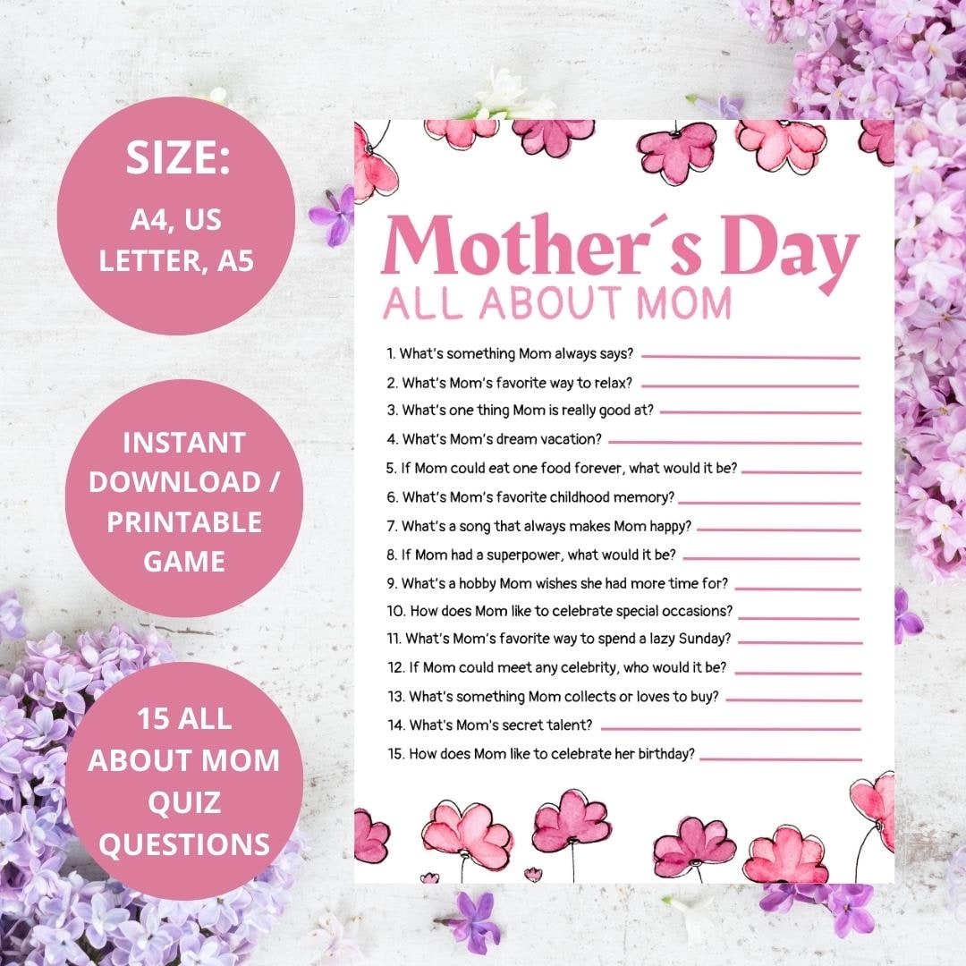 All About Mom Game: Mother's Day Printable (A4, US Letter, A5) (instant ...