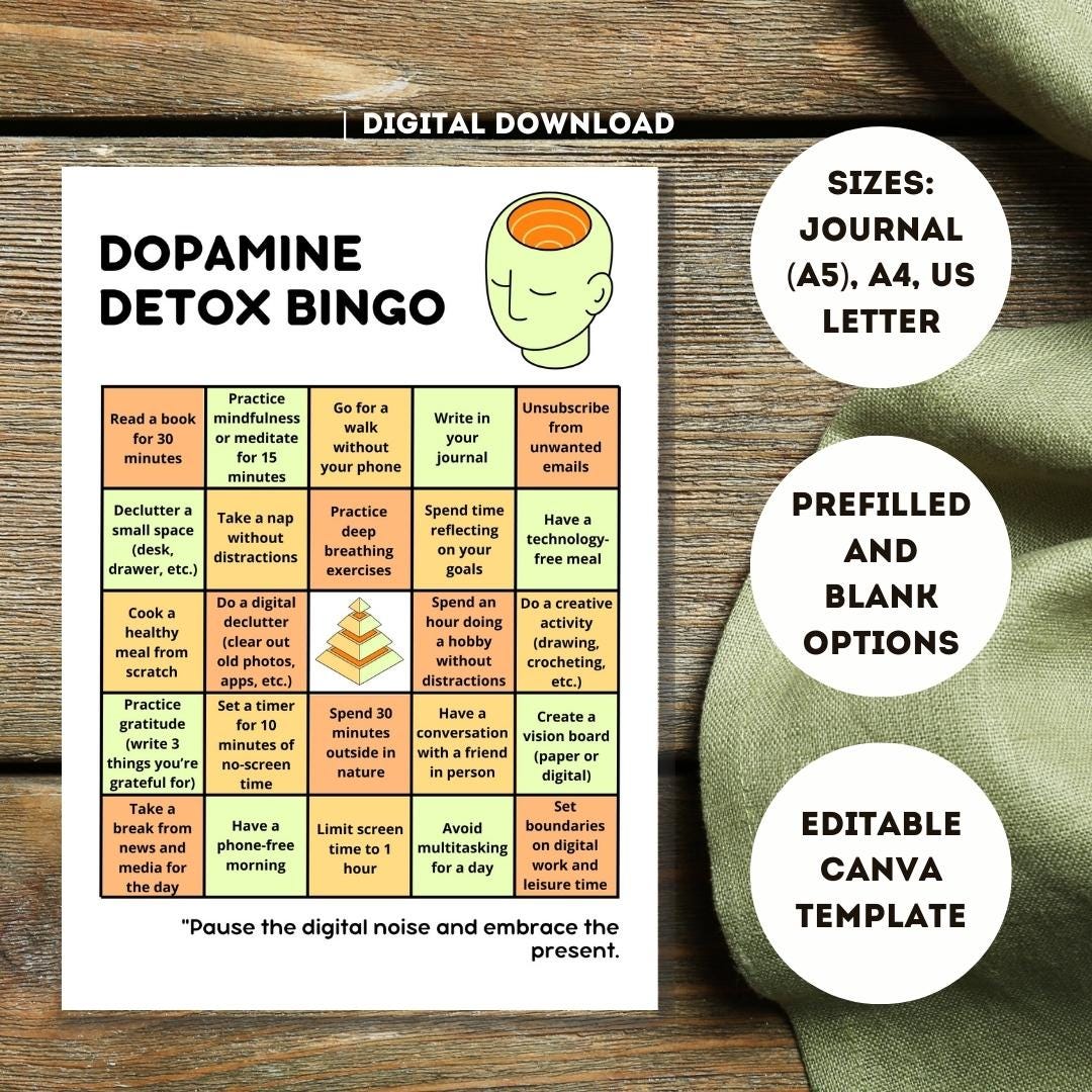 Dopamine Detox Bingo Printable | Digital Detox Challenge | Mindfulness ...