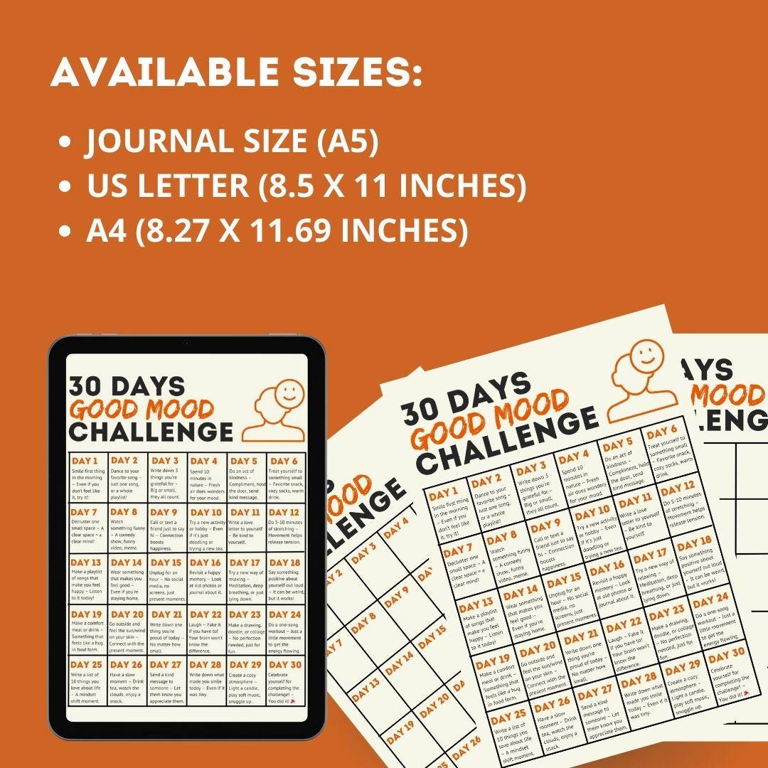 30-day Good Mood Challenge Printable | Daily Happiness Prompts | Self ...