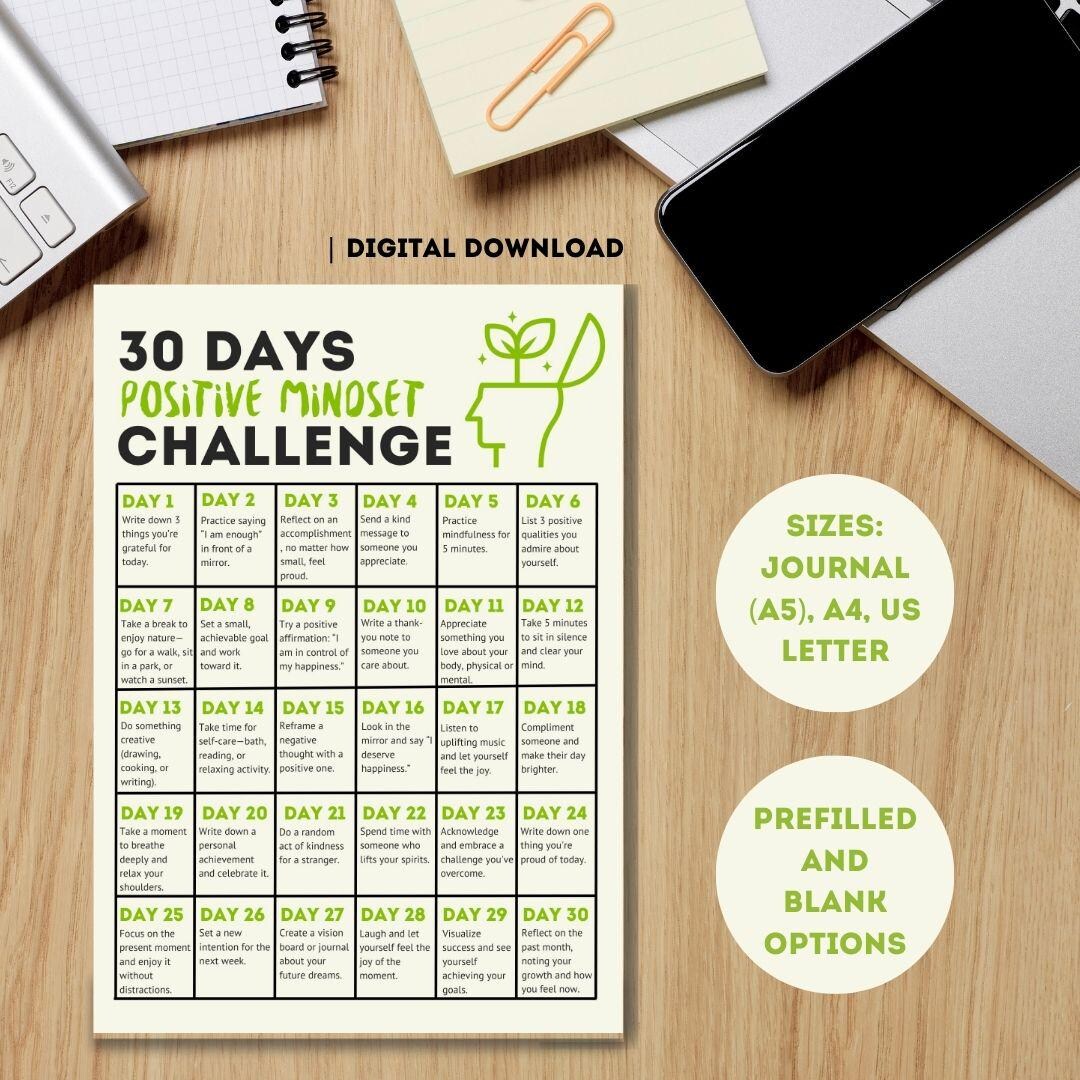 30-day Positive Mindset Challenge Printable (A4, A5, US Letter ...