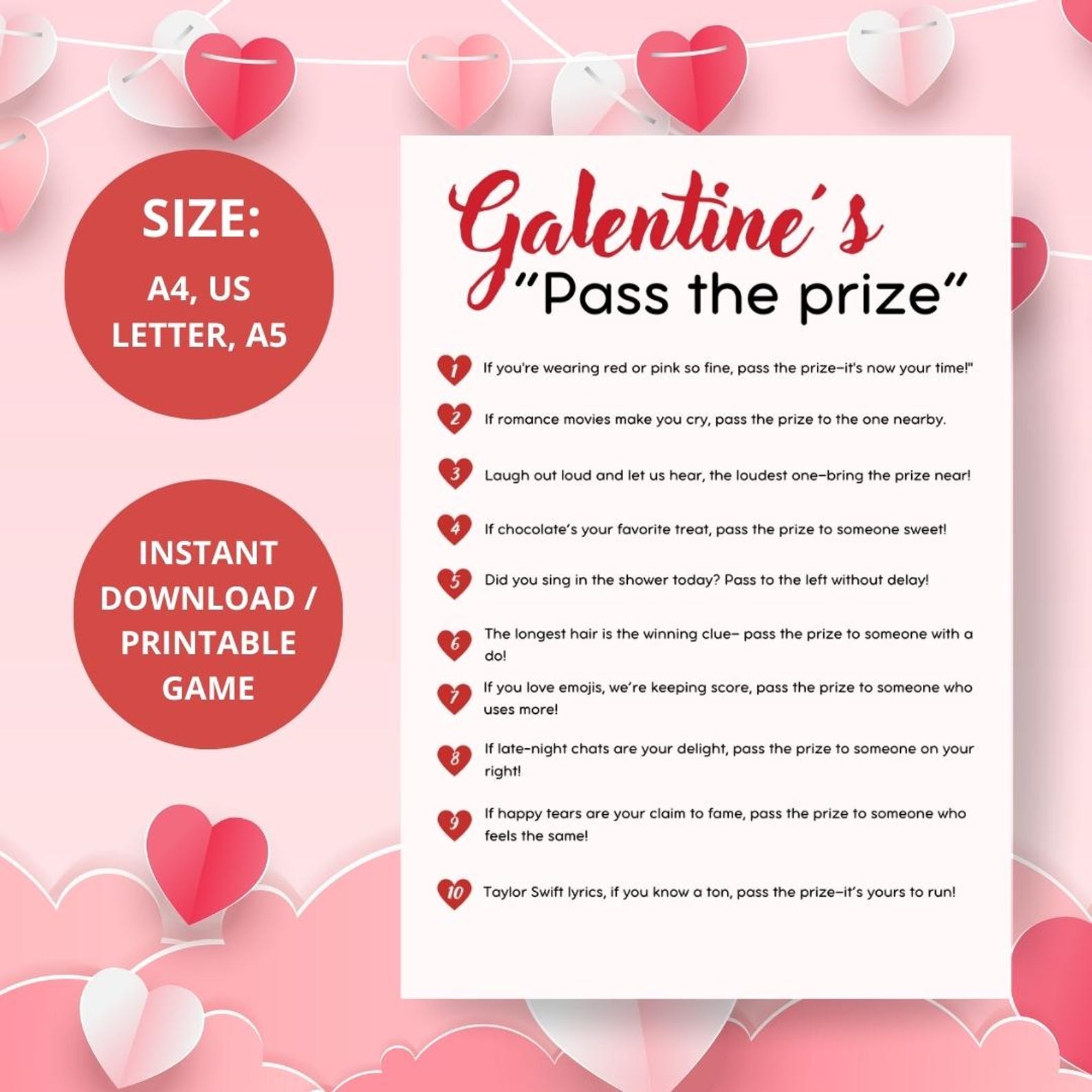 Pass the Prize Galentines Day Game Printable Rhyming Party Game for ...