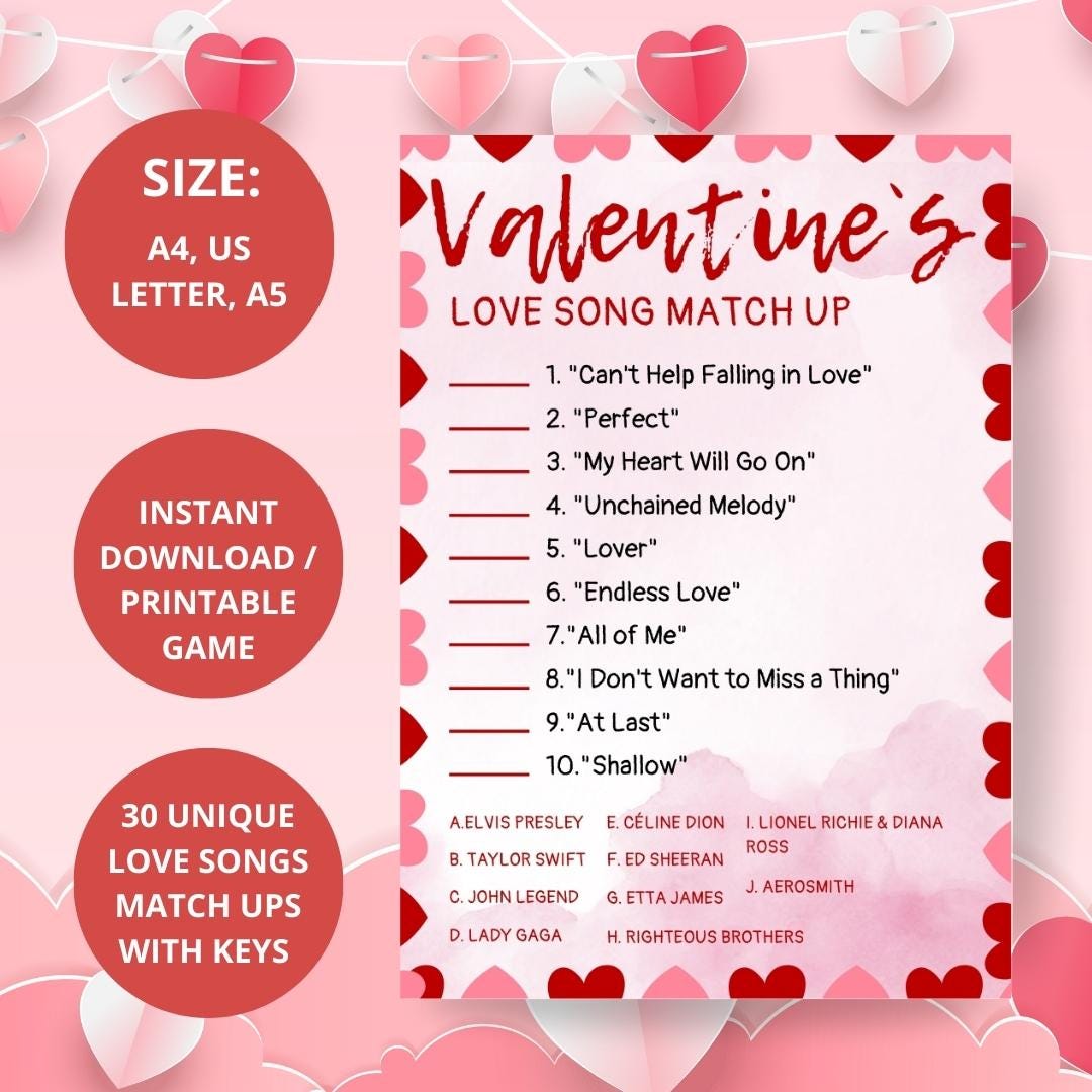 Valentine’s Love Song Match-up Game – Fun & Printable Music Trivia for ...