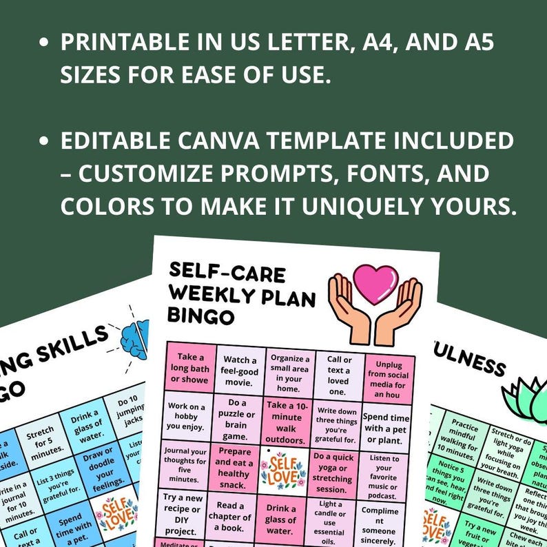 Mental Health Bingo Printable Bundle – Mindfulness, Self-care, and ...