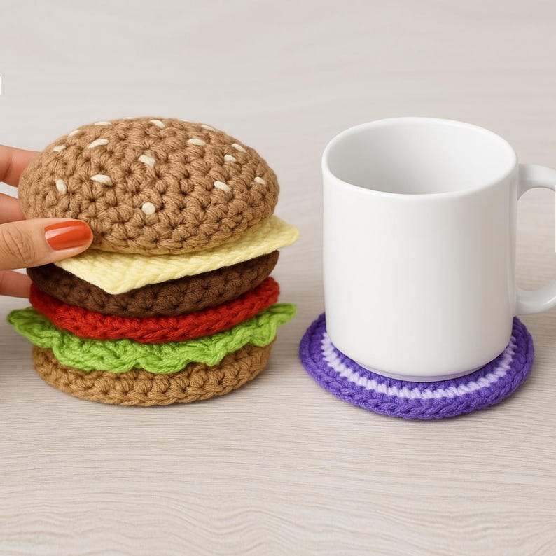 Crochet Hamburger Coaster Set - 7 Piece Quirky Kitchen Decor - Etsy