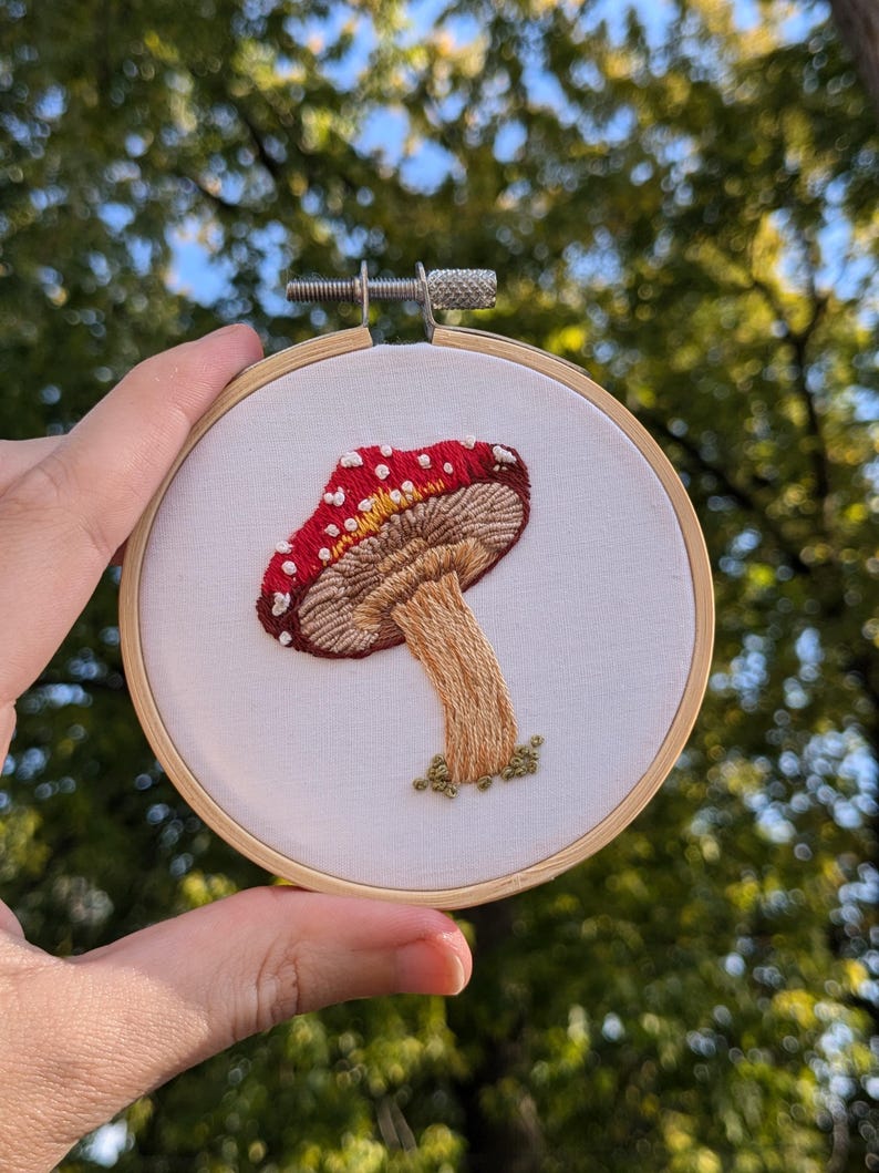 Embroidered Mushroom Art, Amanita Mushroom, Embroidery Art, Mushroom ...