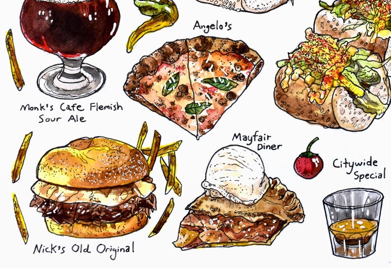 Philadelphia Food – Watercolor Regional Cuisine Print - Etsy