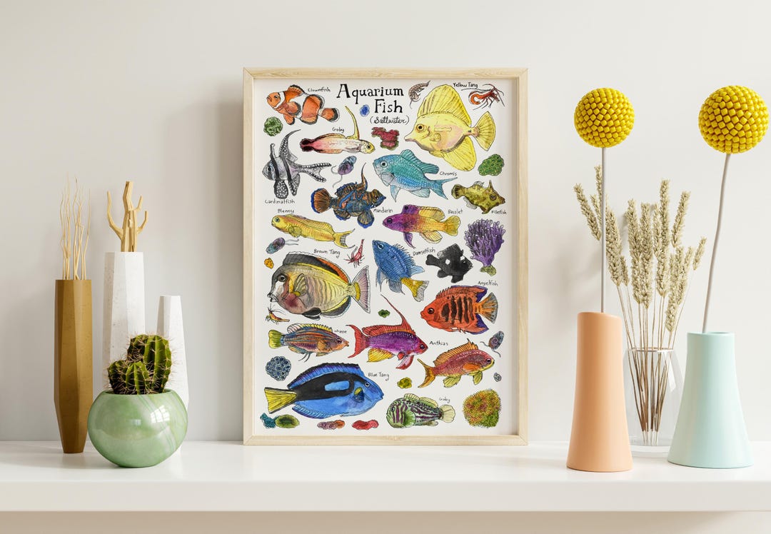 Saltwater Aquarium Fish Art Print - Watercolor Reef Tank Guide and Gift ...
