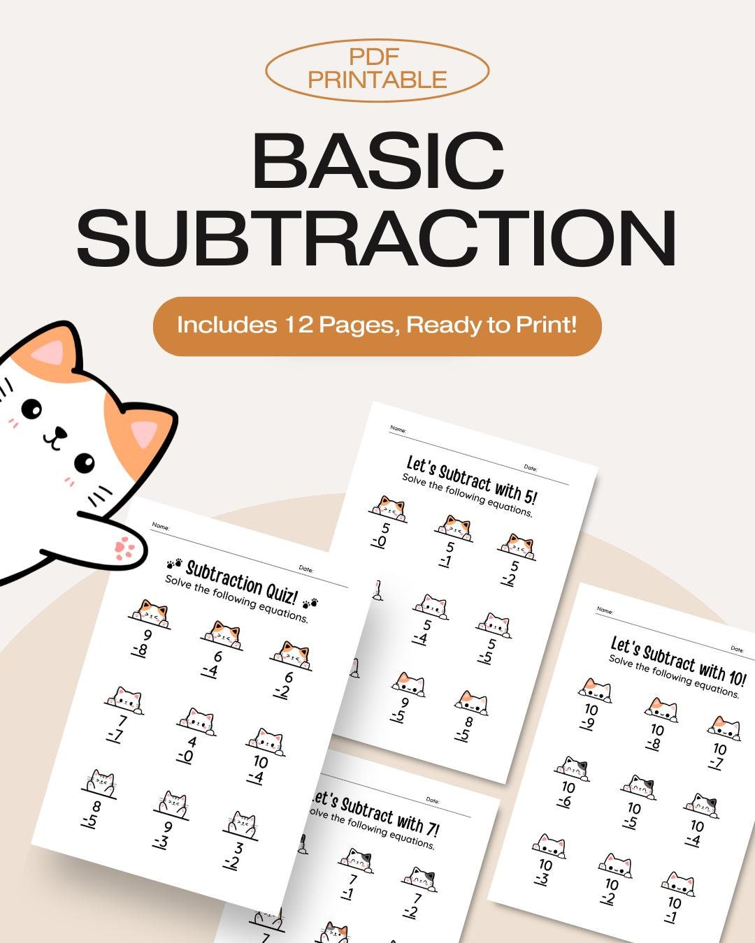 12 Printable Subtraction Fill in the Blanks Worksheets numbers 1-10 ...