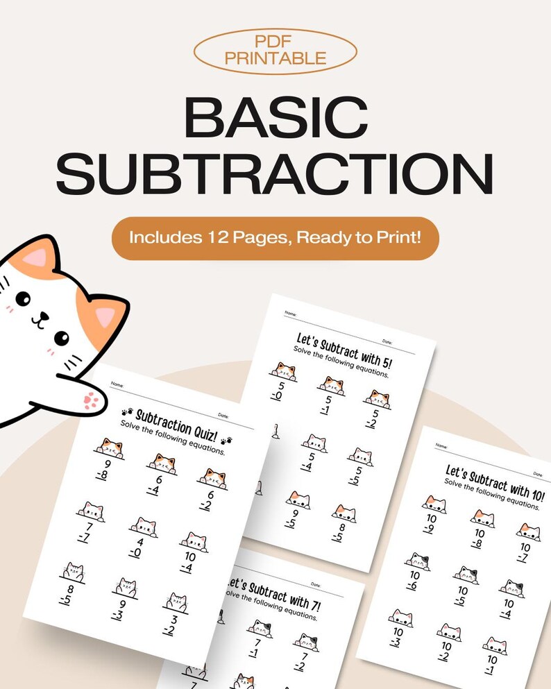 12 Printable Subtraction Fill in the Blanks Worksheets numbers 1-10 ...