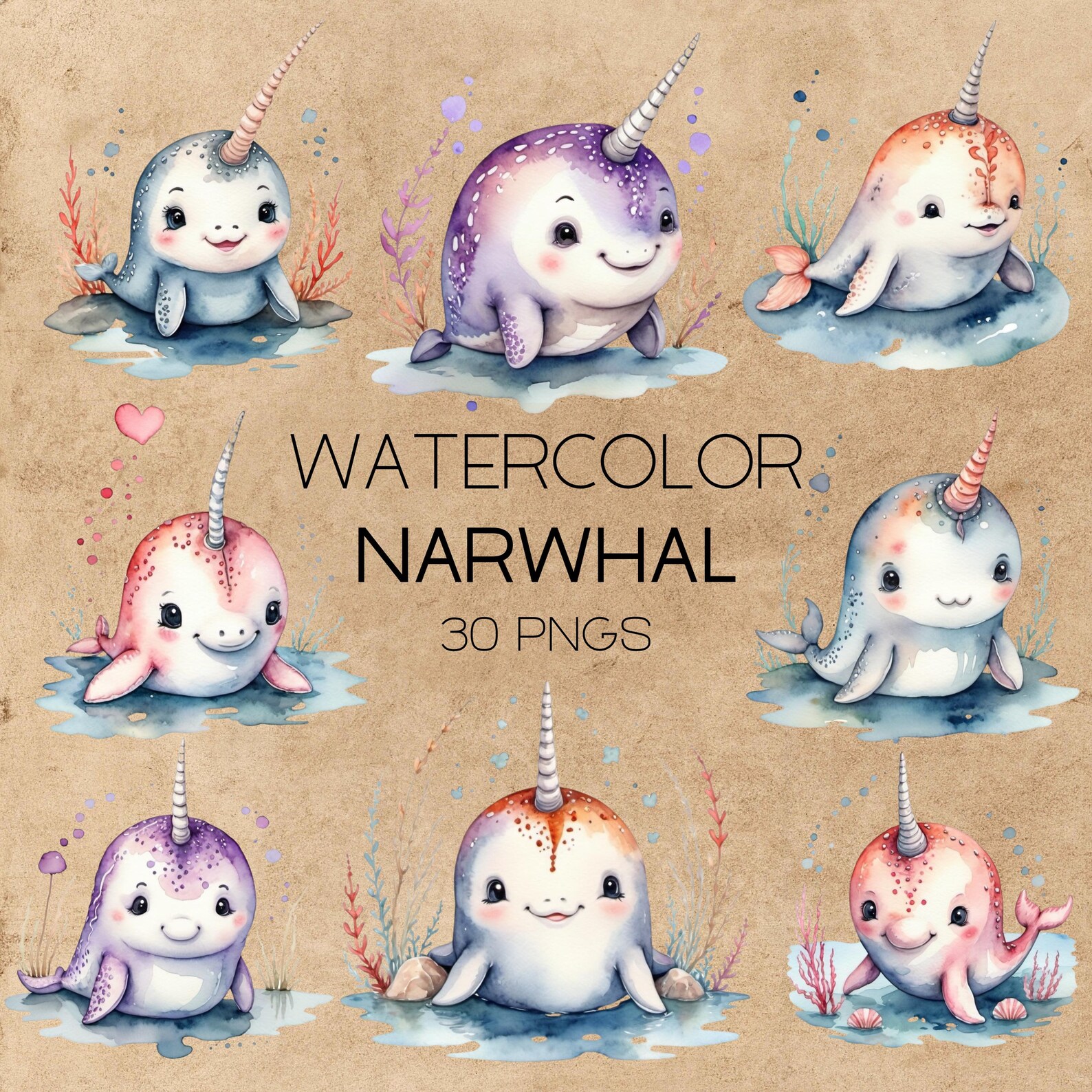 Watercolor Narwhal Clipart Bundle | 30 Cute Designs in Blue, Orange ...