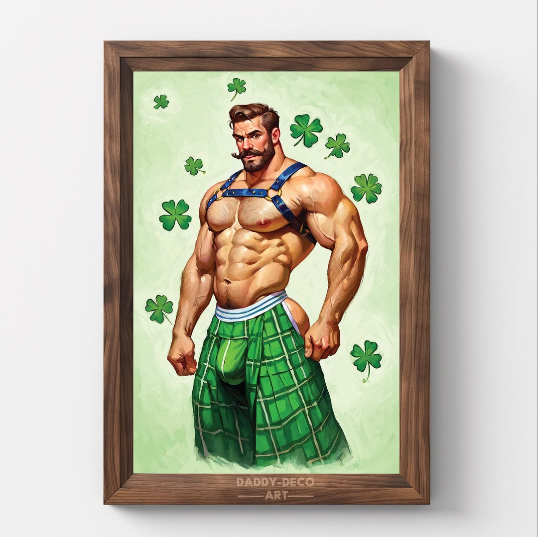 Daddy Kilt Beefcake Jockstrap Bar Art Green Printable Gay Art 6329