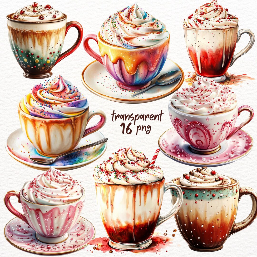 16 Cafe Latte Clipart PNG Bundle, Digital Graphic, Coffee Illustration ...