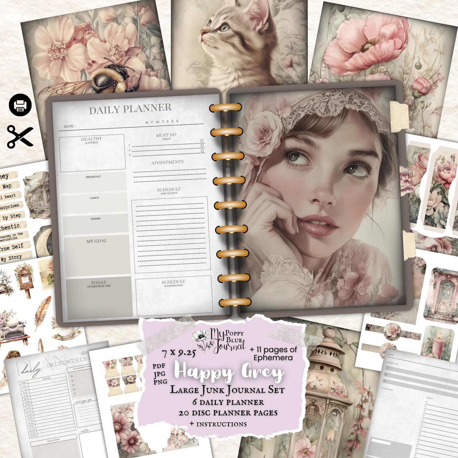 Disc Planner Inserts, Junk Journal Printable Pages, Daily Craft Papers ...