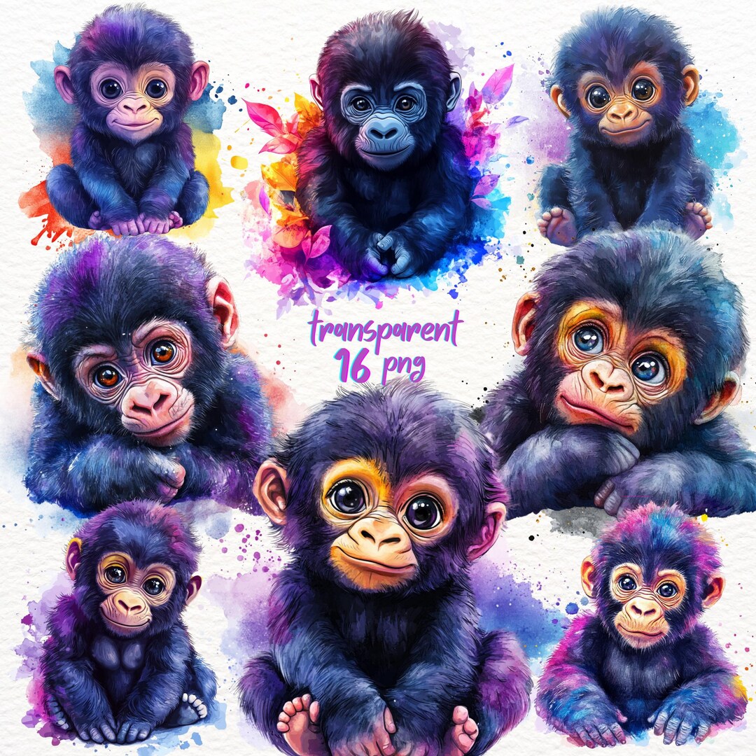 16 Baby Gorilla Clipart Png Bundle, Digital Watercolour Graphic ...