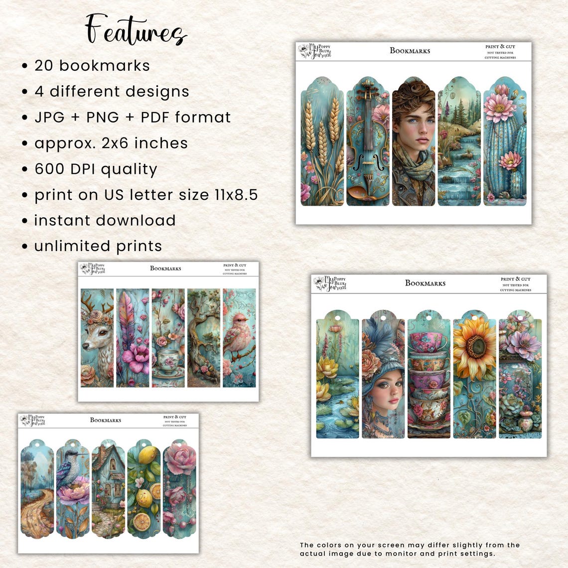 Sweet Blue Bookmarks Bundle: Printable DIY Ephemera (digital Download ...
