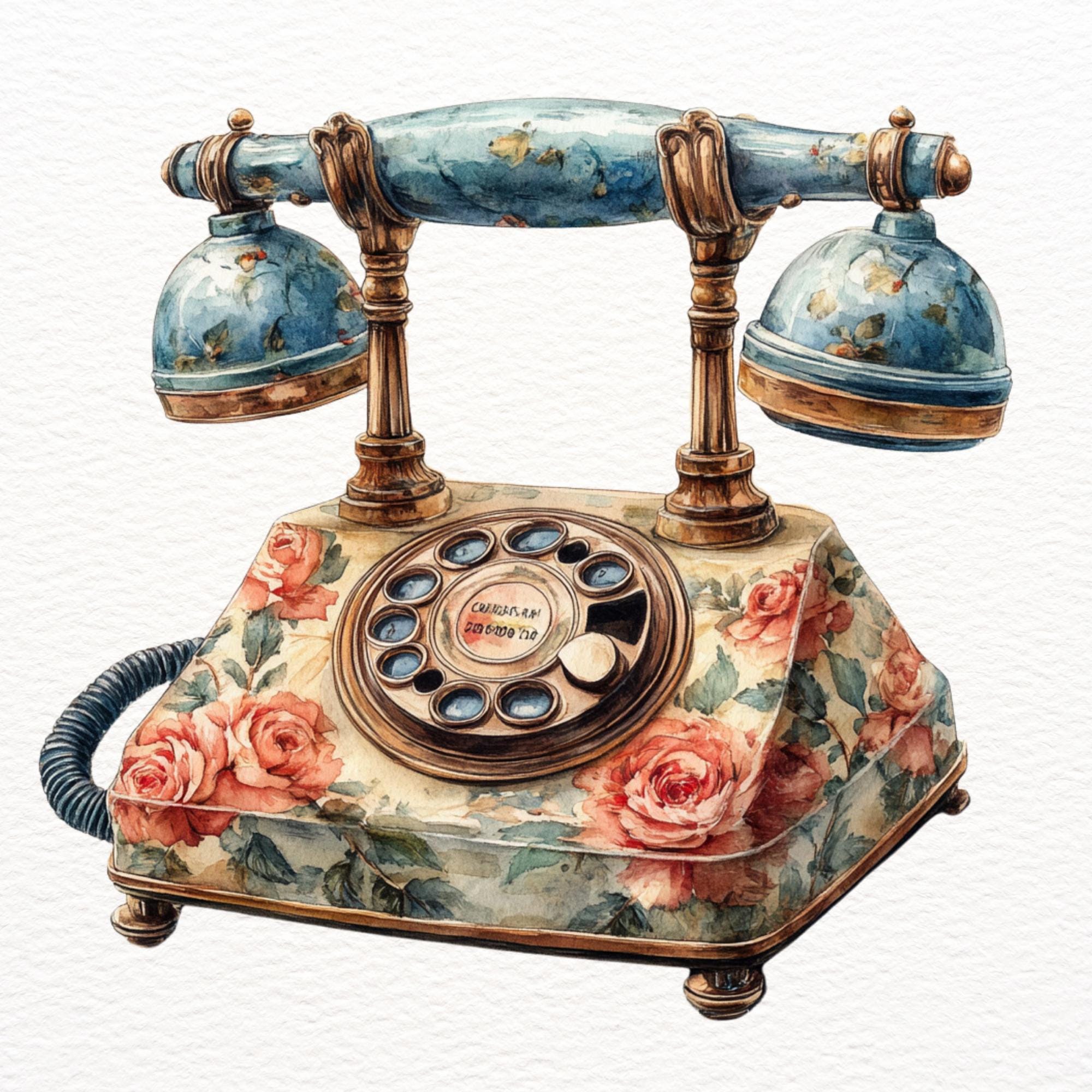 Vintage Telephone Clipart: Watercolor Floral PNG Bundle (commercial Use ...