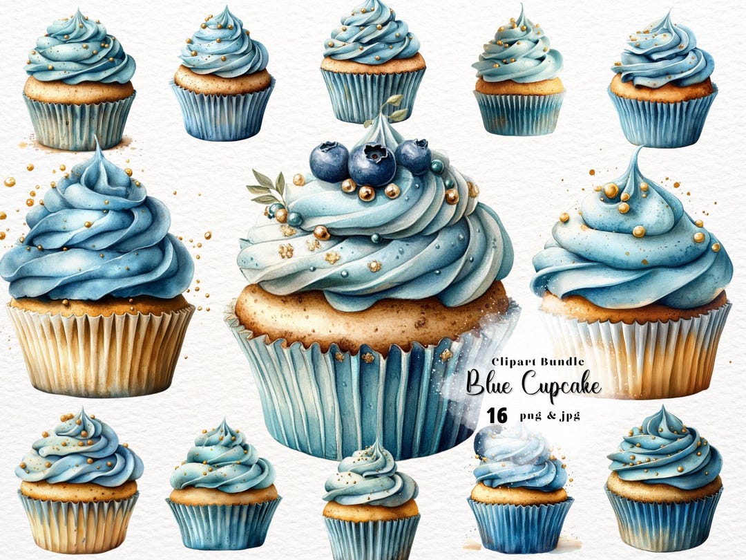 Blue Cupcake Clipart: Watercolor Dessert Graphics (PNG, JPG) - Etsy