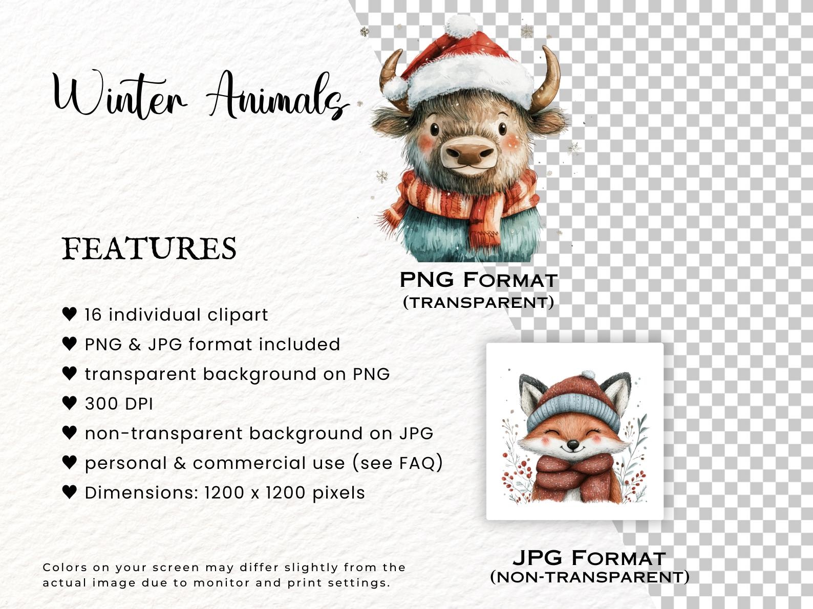 16 Winter Animals Clipart Bundle, Printable Watercolour PNG, Christmas ...